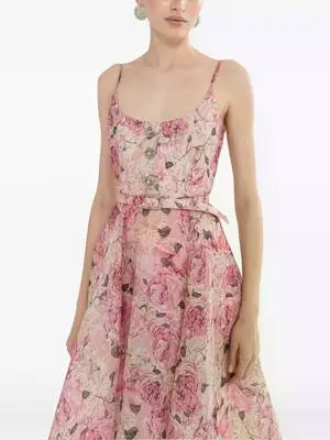 NISSA Floral Print Silk Linen Midi Dress With Belt
