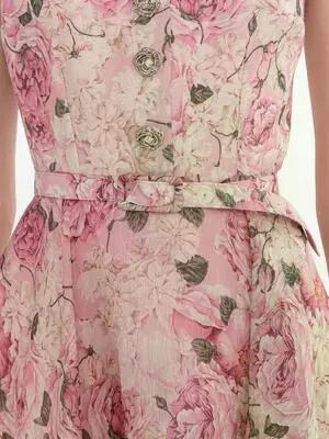 NISSA Floral Print Silk Linen Midi Dress With Belt
