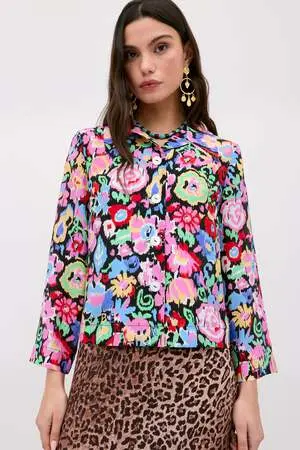 Rixo Ginette Ikat Bloom Charcoal Blouse