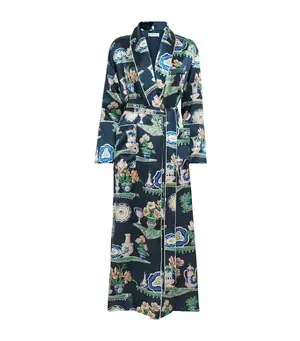 Olivia Von Halle Silk Pottery Print Capability Robe - Navy