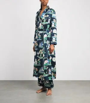 Olivia Von Halle Silk Pottery Print Capability Robe - Navy