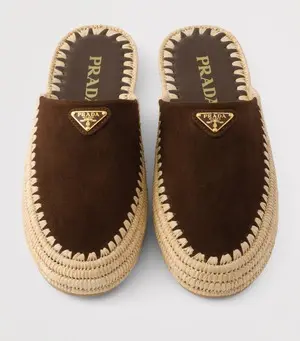 Prada Suede Triangle Mules - Brown