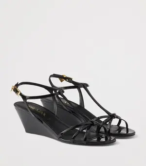 Prada Patent Leather Wedge Sandals - Black
