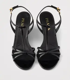 Prada Patent Leather Wedge Sandals - Black