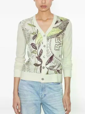 Tory Burch Printed Silk Twill And Merino Wool Cardigan