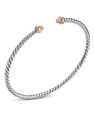 David Yurman Sterling And 14k Yellow Gold Diamond Cable Flex Bracelet - Silver