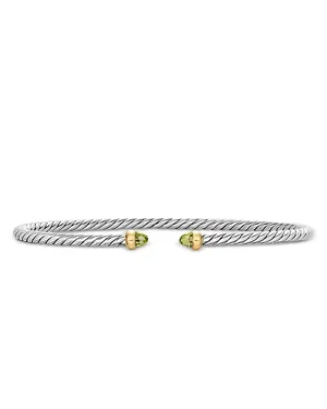 David Yurman Micro Cable Flex Bracelet In Sterling Silver With 14k Yellow Gold And Peridot - Green/silver
