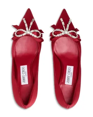 JIMMY CHOO Auria 70 Satin Crystal Bow Pumps - Ruby Red/crystal