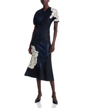 Victoria Beckham Eve Short Sleeve Gather Detail Midi Dress - Dark Navy