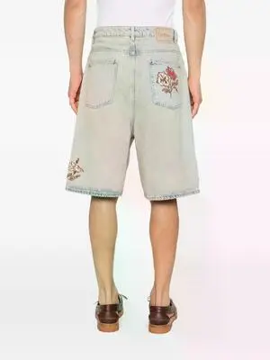 Drole De Monsieur Floral-embroidered Denim Shorts - Blue