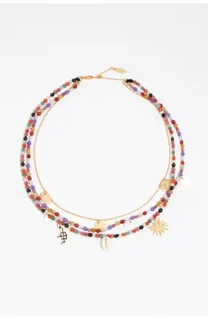 Bimba Y Lola Multicolor Beaded Layered Necklace With Sun And Moon Motifs - Light Lilac
