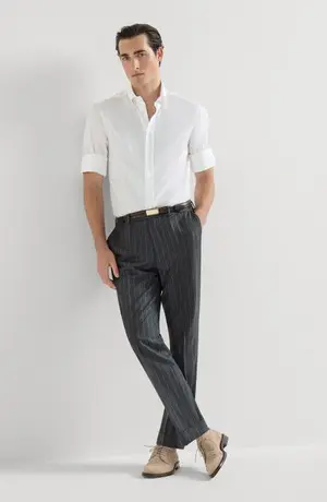 Brunello Cucinelli Wide Chalk Stripe Pure Wool Trousers - Grey