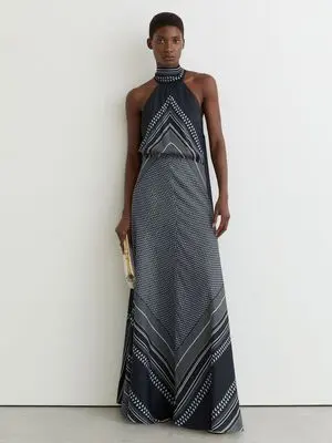 REISS Skylar Scarf-print Tie-neck Maxi Dress - Navy