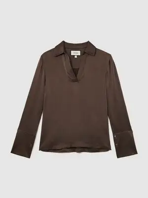 REISS Marina Silk Open-collar Blouse - Mocha Brown