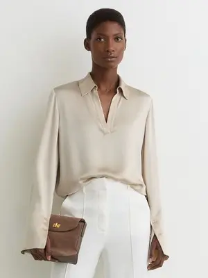 REISS Marina Silk Open-collar Blouse - Neutral