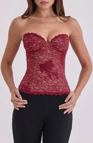 House Of Cb Yara Strapless Lace Corset Top - Wine