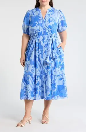SUGARLIPS Beth Floral Button-up Tiered Shirtdress - Light-blue-multi