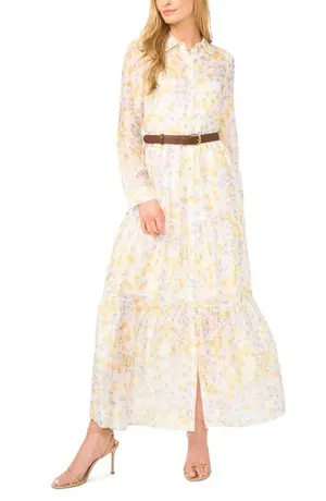 Halogen Long Sleeve Tiered Maxi Shirtdress - Egret