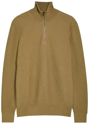 BOSS Textured Half-zip Cotton Jumper - Khaki