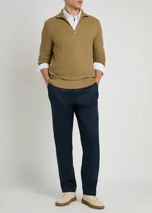 BOSS Textured Half-zip Cotton Jumper - Khaki
