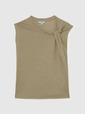 REISS Linen Twist-detail T-shirt - Green