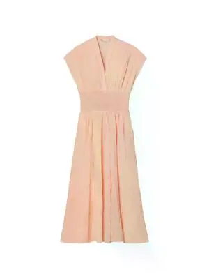 Tory Burch V-neck Fit And Flare Linen-blend Midi Dress - Pink