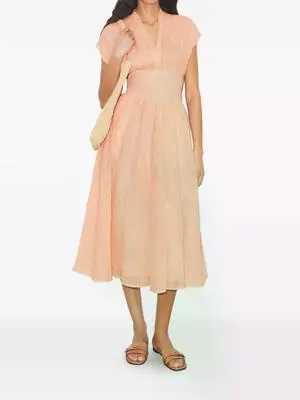 Tory Burch V-neck Fit And Flare Linen-blend Midi Dress - Pink