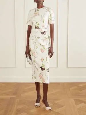 Erdem Belted Floral-print Crinkled Satin Midi Dress