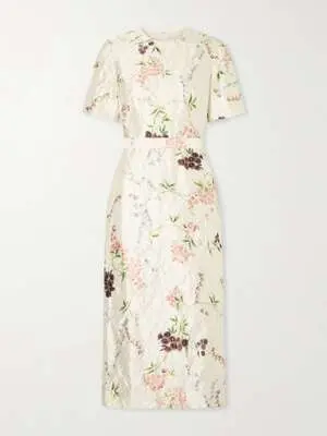 Erdem Belted Floral-print Crinkled Satin Midi Dress