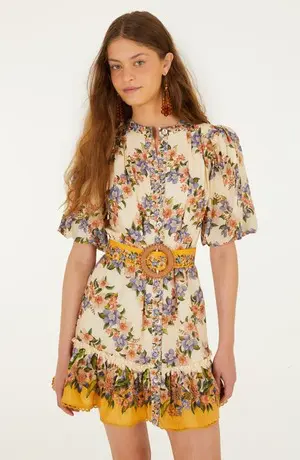Farm Rio Hilo Stripes Belted Mini Dress - Sand