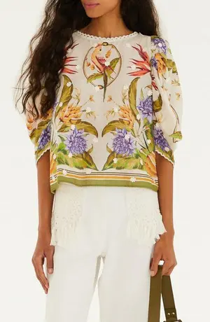 Farm Rio Tropical Print Cotton Top With Lace Trim - Sand