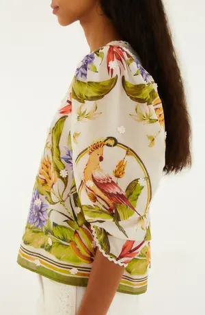 Farm Rio Tropical Print Cotton Top With Lace Trim