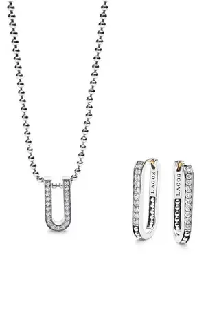 Lagos Caviar Spark Diamond Pendant Necklace & Hoop Earrings Set