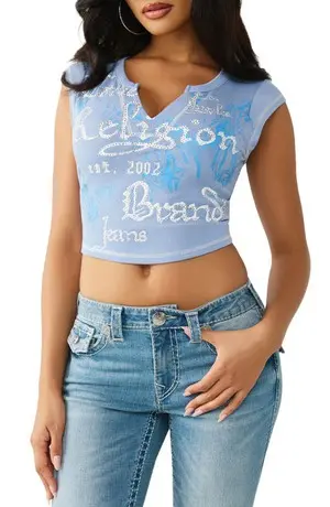 True Religion Crystal Embellished Graphic Crop T-shirt - Endless Sky