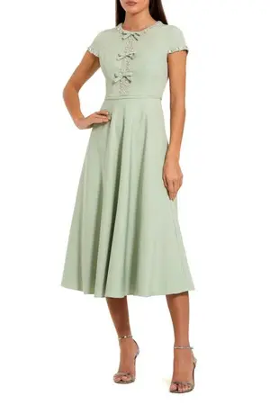 Mac Duggal Crepe Midi Dress With Rhinestone Beading And Bow Detailing - Sage