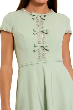 Mac Duggal Crepe Midi Dress With Rhinestone Beading And Bow Detailing