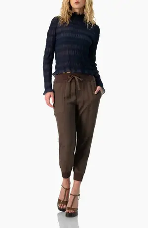 IVONNE High Neck Long Sleeve Blouse - Navy Blue