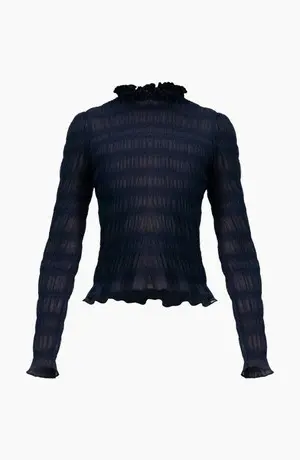 IVONNE High Neck Long Sleeve Blouse - Navy Blue