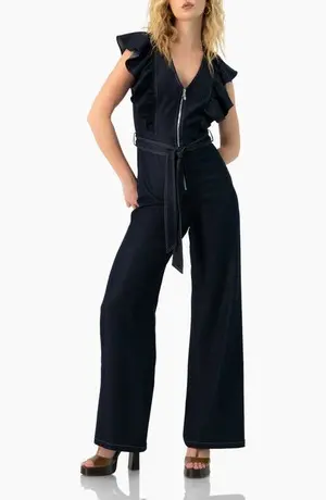 IVONNE V-neck Wide-leg Denim Jumpsuit - Navy Blue
