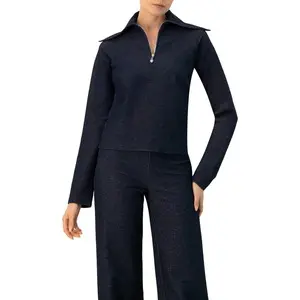 IVONNE Ribbed Knit Sweater With Neckline Zipper - Navy Blue