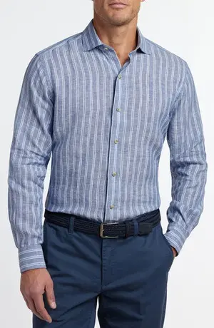 David Donahue Stripe Slub Linen Button-up Shirt - Navy/sky