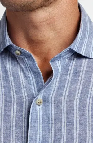 David Donahue Stripe Slub Linen Button-up Shirt - Navy/sky