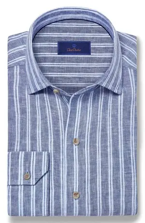 David Donahue Stripe Slub Linen Button-up Shirt - Navy/sky