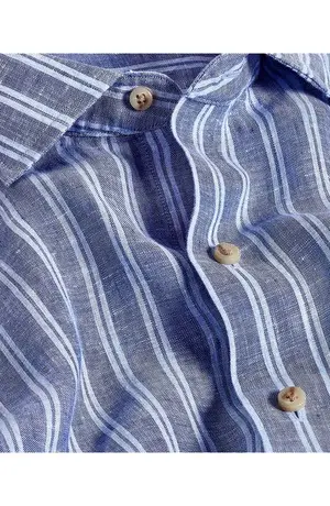 David Donahue Stripe Slub Linen Button-up Shirt - Navy/sky