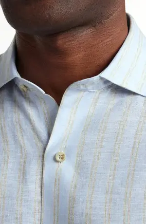 David Donahue Stripe Slub Linen Button-up Shirt - Sky/dune