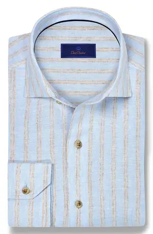 David Donahue Stripe Slub Linen Button-up Shirt - Sky/dune