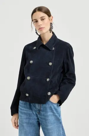 Brunello Cucinelli Couture Suede Cropped Pea Coat - Blue