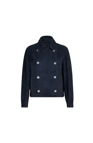 Brunello Cucinelli Couture Suede Cropped Pea Coat - Blue