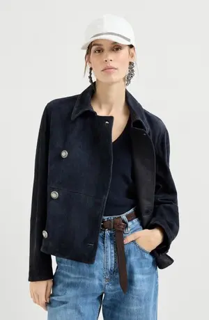 Brunello Cucinelli Couture Suede Cropped Pea Coat - Blue