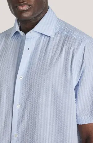 JACK VICTOR Bedford Cotton Seersucker Button-up Shirt - Pale Blue